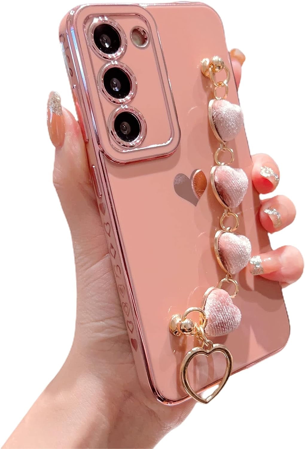 Samsung Galaxy S21 5g Phone Case with Heart Bracelet Chain Strap Luxury Plating Cute Love Hearts ...