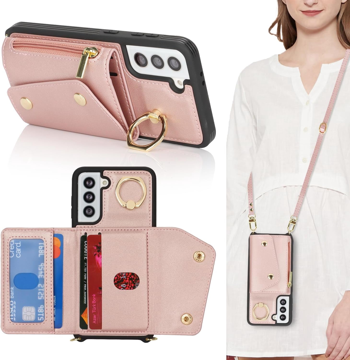 for Samsung Galaxy S21 Case with Card Holder and Strap - Zipper Pocket ...