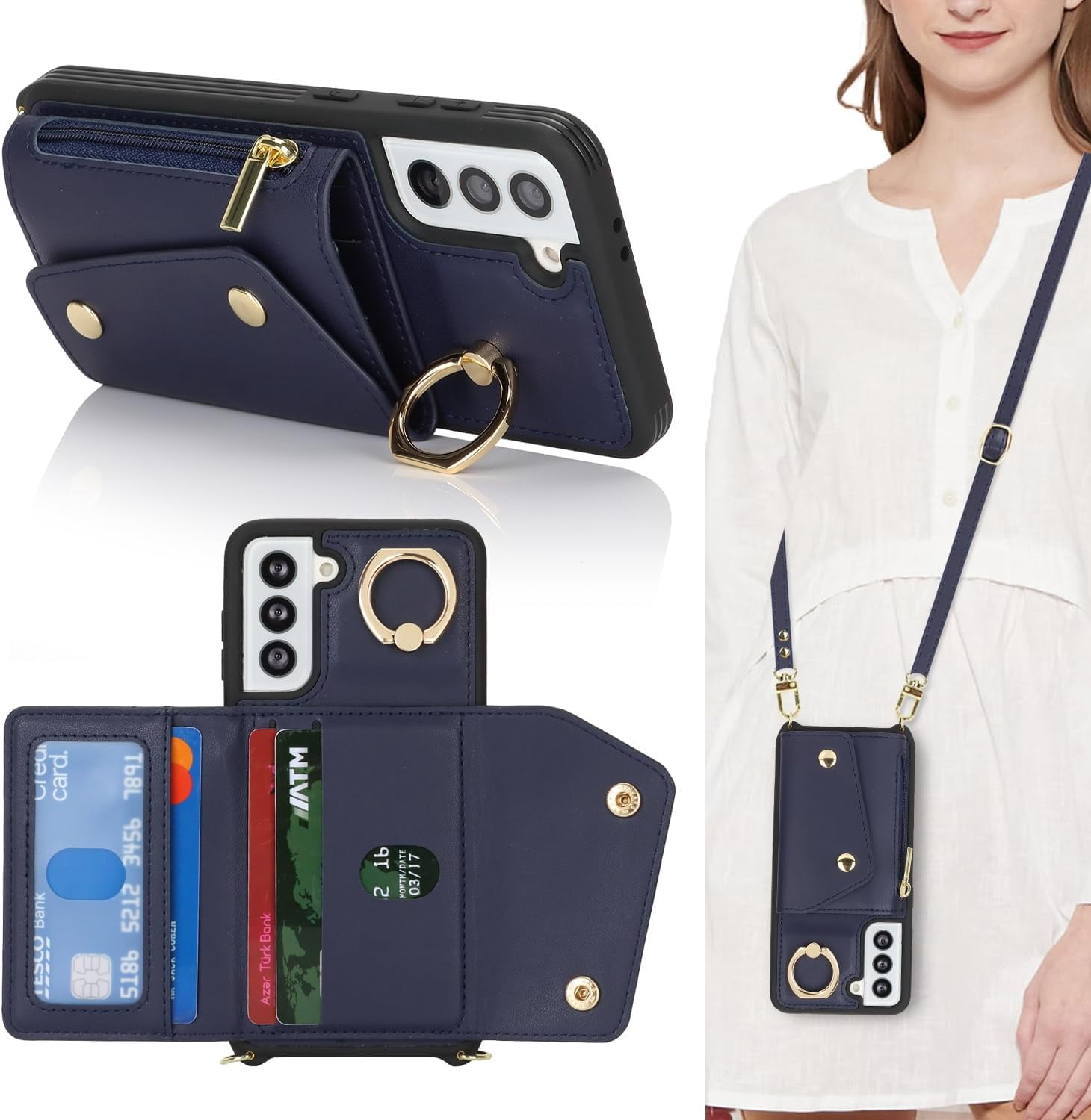 for Samsung Galaxy S21 FE Case with Card Holder and Strap - Zipper ...