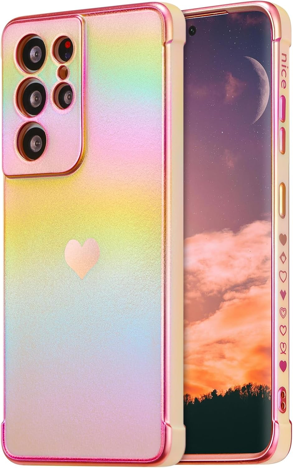 for Samsung Galaxy S21 Ultra Case 6.8 inch,Cute Colorful Iridescent Plating Edge Case with Love ...
