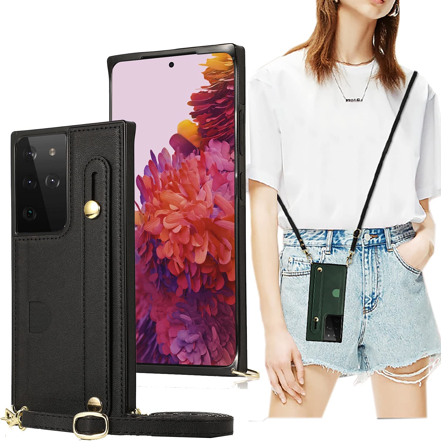 Samsung Galaxy S21 Ultra Wallet Case,Removable Adjustable Leather Strap Crossbody Card Holders ...