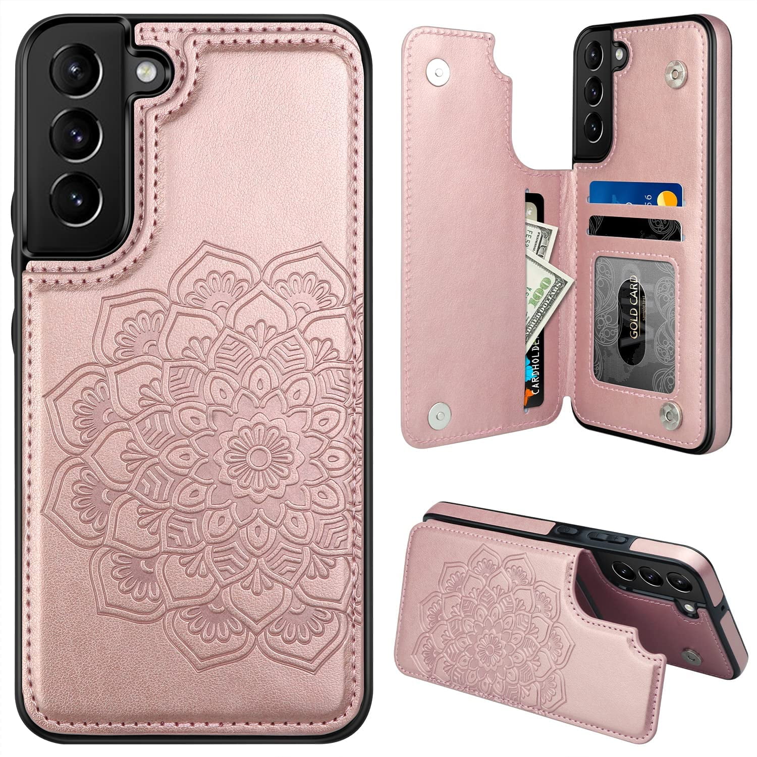for Samsung Galaxy S22 Case with Card Holder,Flower Magnetic Back Flip ...