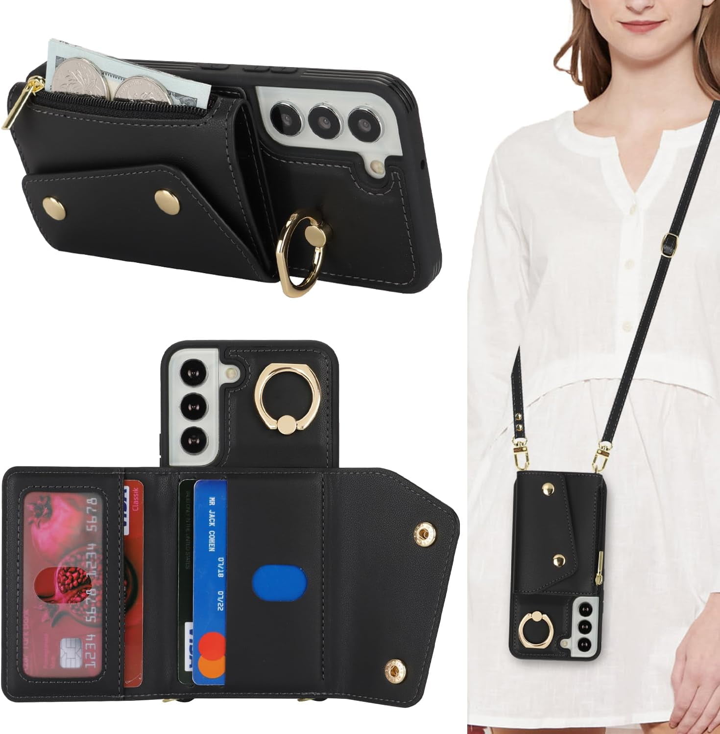 for Samsung Galaxy S22 Case with Card Holder and Strap - Zipper Pocket ...