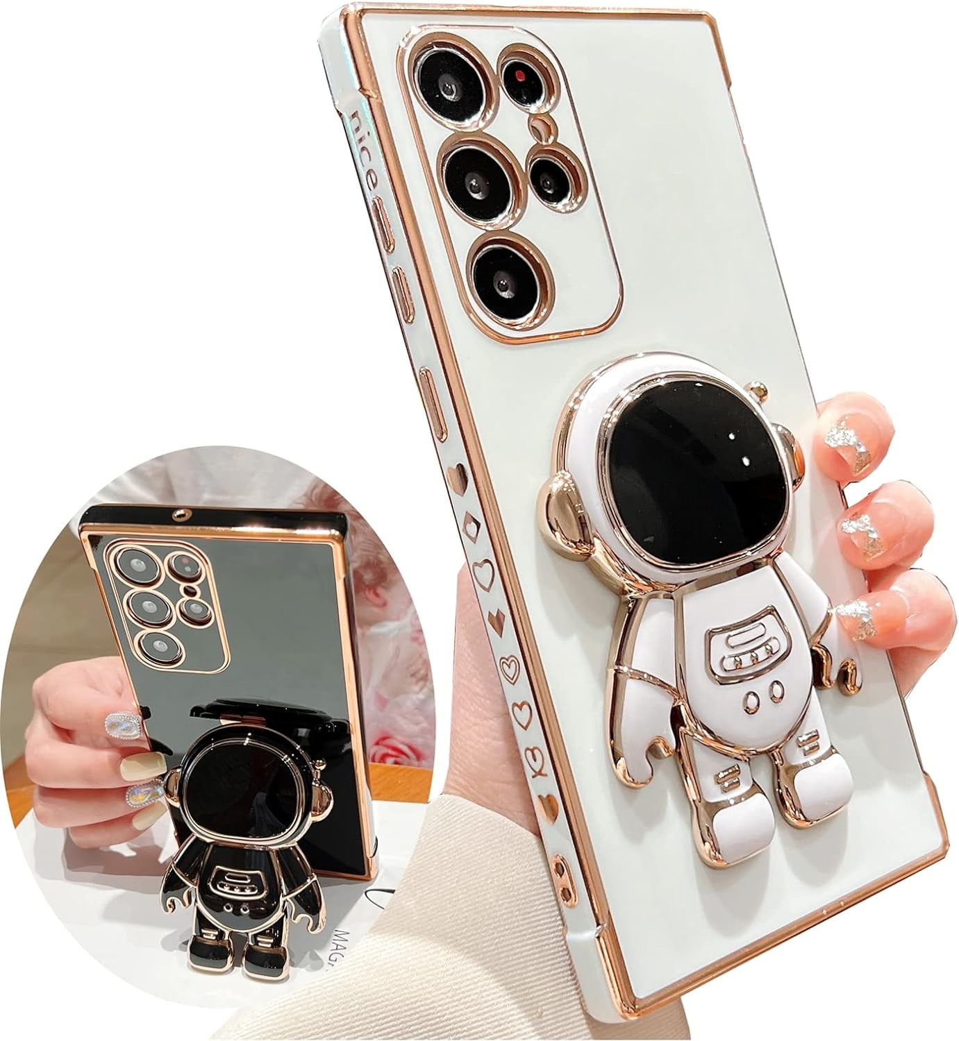 for Samsung Galaxy S22 S21 Ultra Plus FE Case,Hidden Astronaut Kickstand Stand,Gold Trim Cover ...