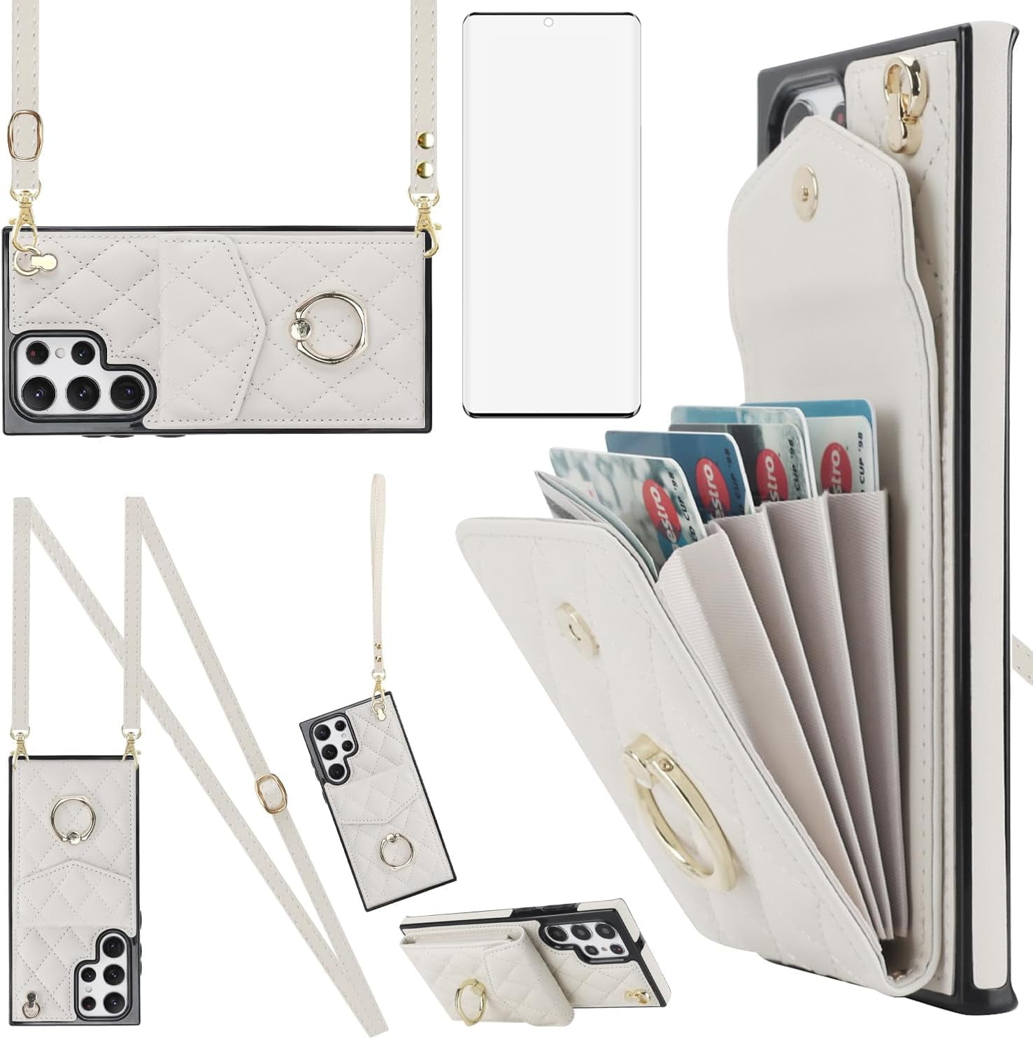 Samsung Galaxy S22 Ultra 5G RFID Blocking Quilted Leather Wallet Crossbody Cell Phone Case with ...