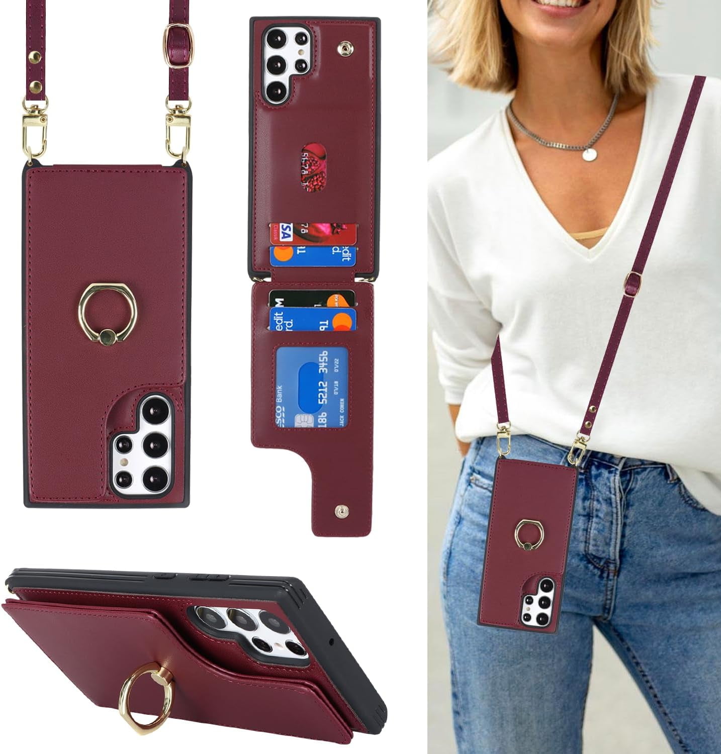 for Samsung Galaxy S22 Ultra Case with Card Holder and Strap for Women ...