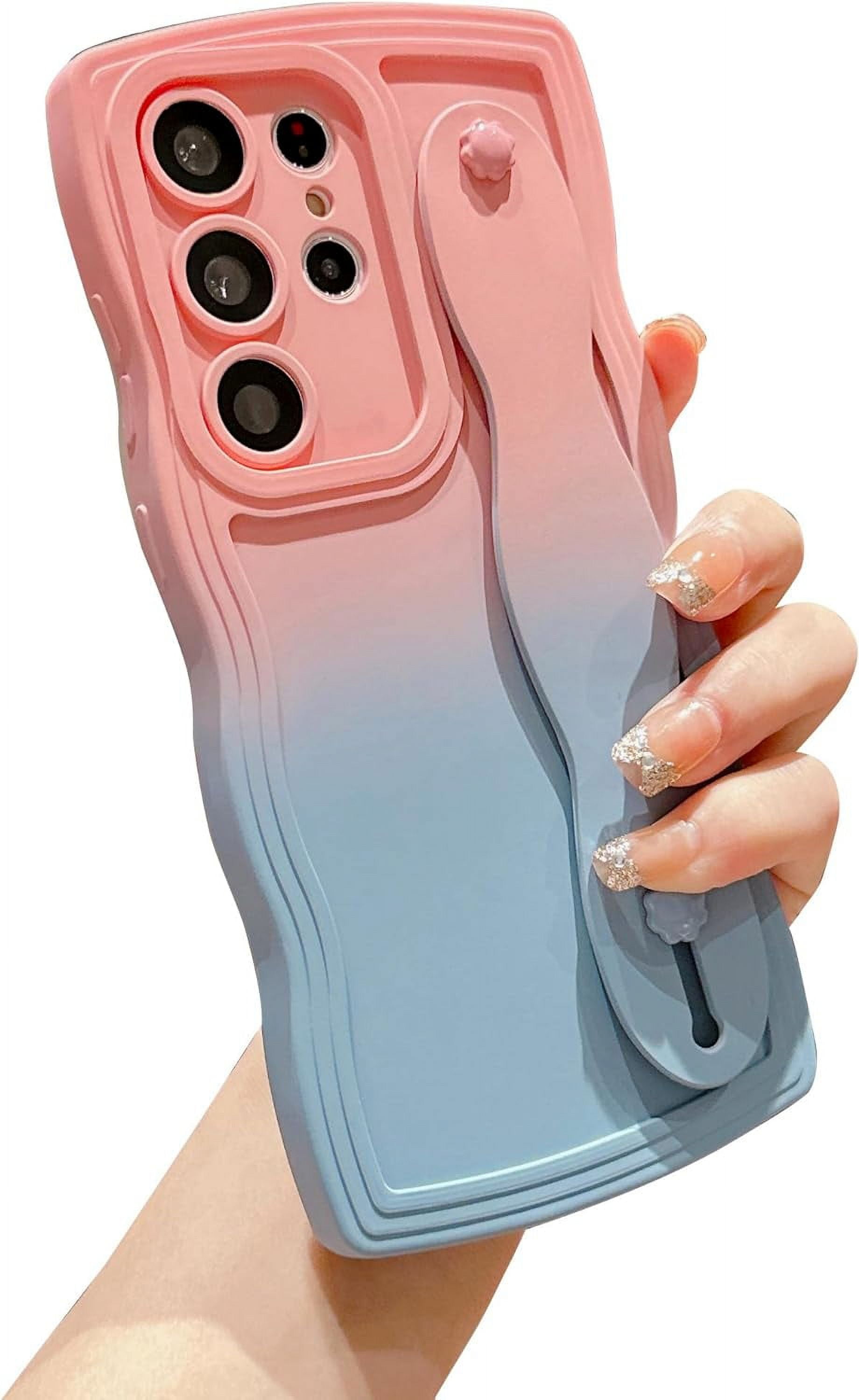 for Samsung Galaxy S22 Ultra Case with Strap Stand, Cute Gradient Color Wavy S22 Ultra Case with ...