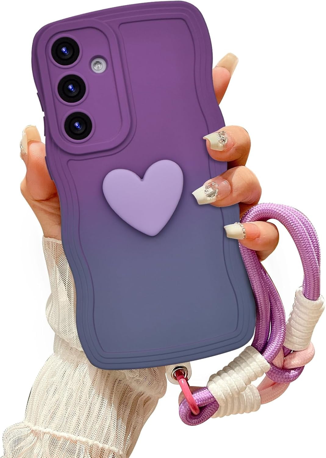 for Samsung Galaxy S24 Gradient Wavy Case with Wrist Strap Lanyard Cute Love Heart Curly Wave ...