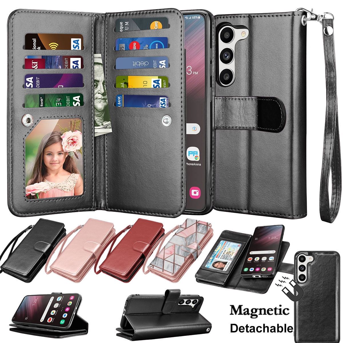 Samsung Galaxy S24 / S24 Plus / S24 Ultra Wallet Case, Luxury Cash Credit Card Slots Holder PU ...