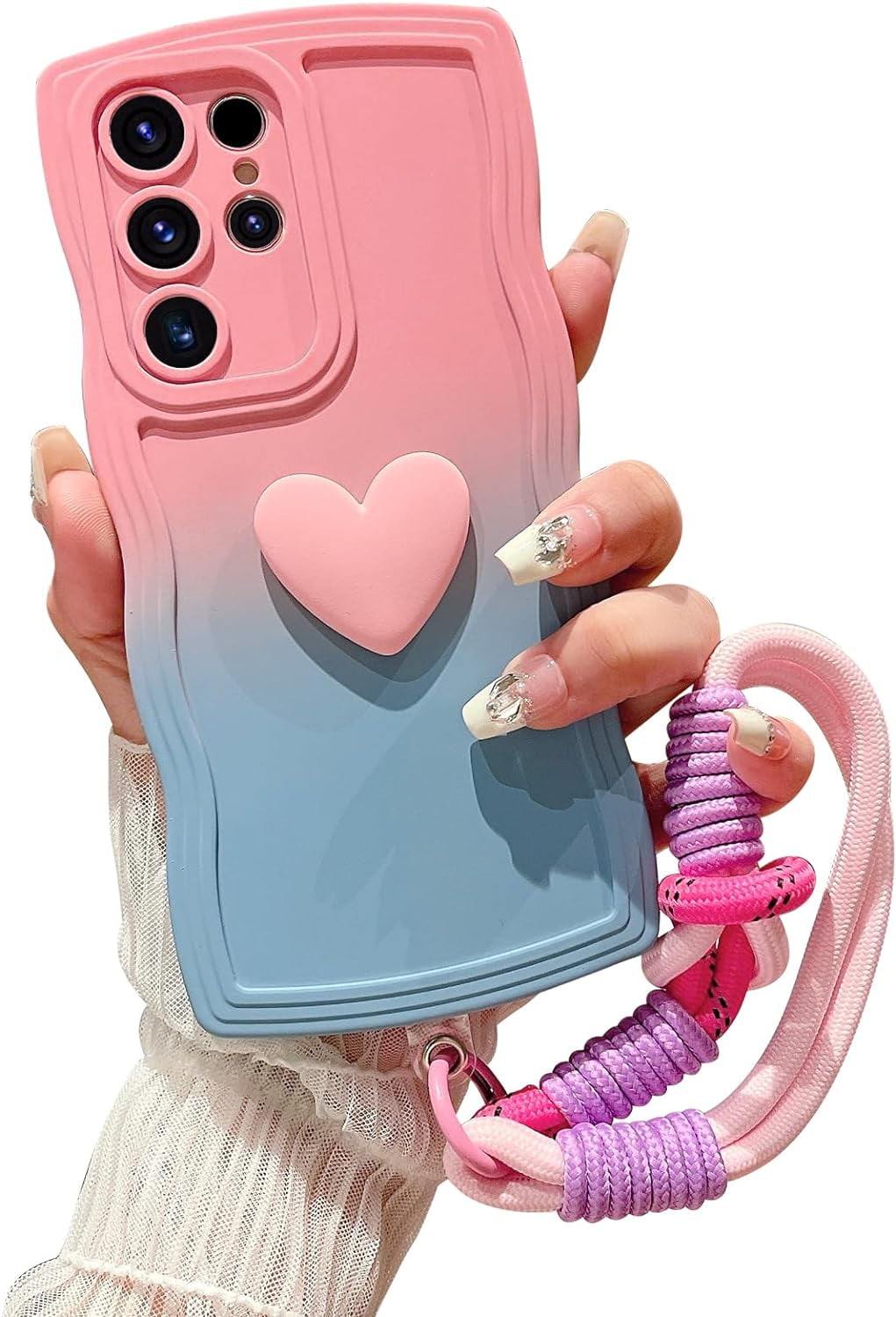 for Samsung Galaxy S24 Ultra Gradient Wavy Case with Wrist Strap Lanyard Cute Love Heart Curly ...