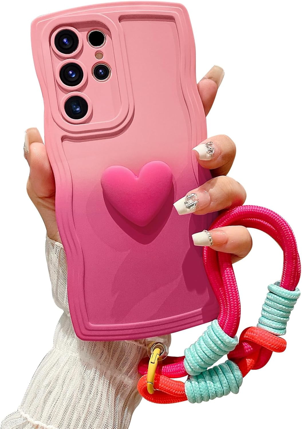 for Samsung Galaxy S24 Ultra Gradient Wavy Case with Wrist Strap Lanyard Cute Love Heart Curly ...