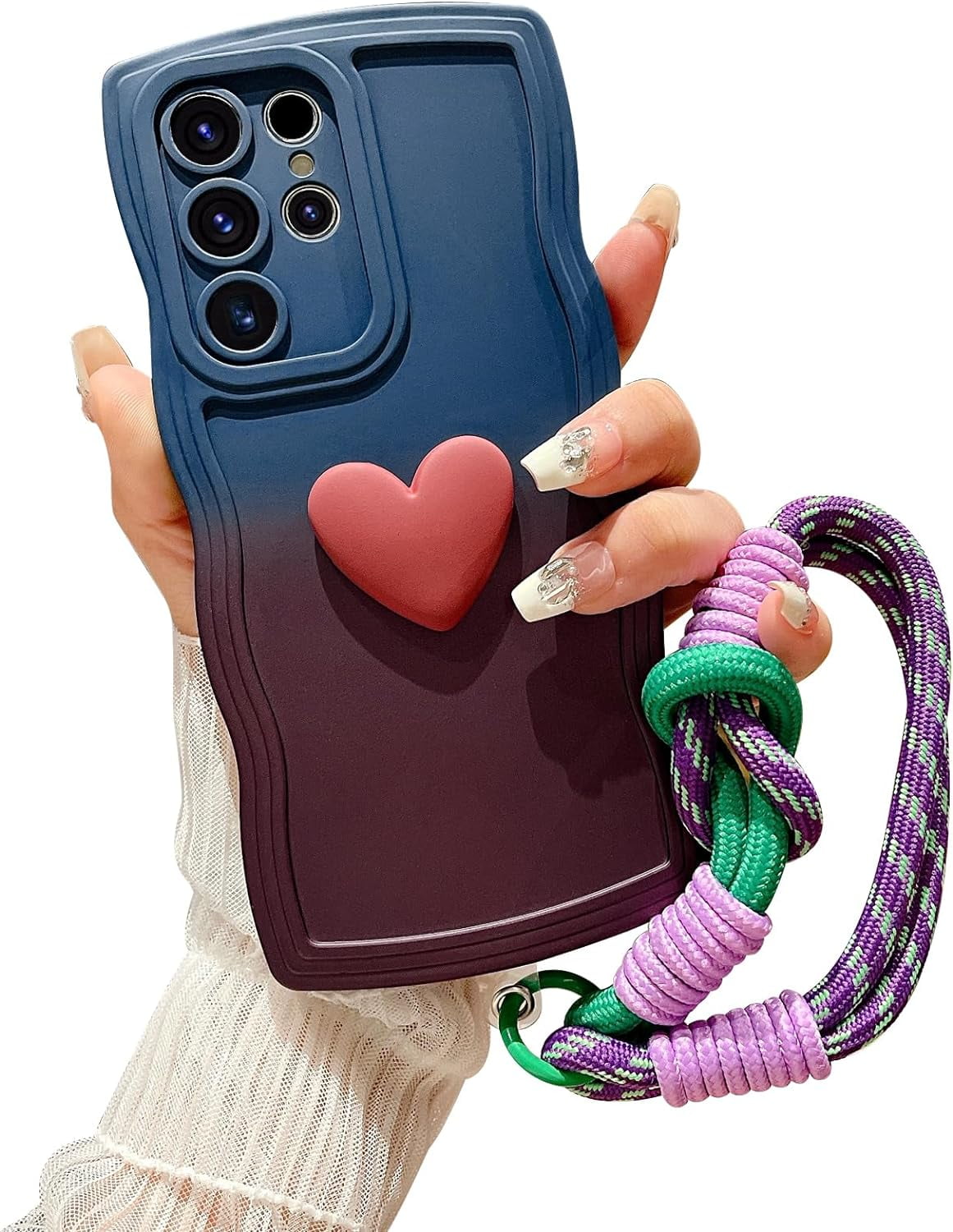 for Samsung Galaxy S24 Ultra Gradient Wavy Case with Wrist Strap Lanyard Cute Love Heart Curly ...