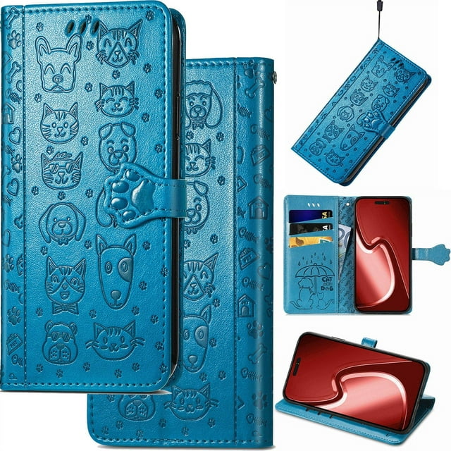 for Samsung Galaxy S25 Leather Case, Relief Cartoon Cat Dog Folio Flip ...