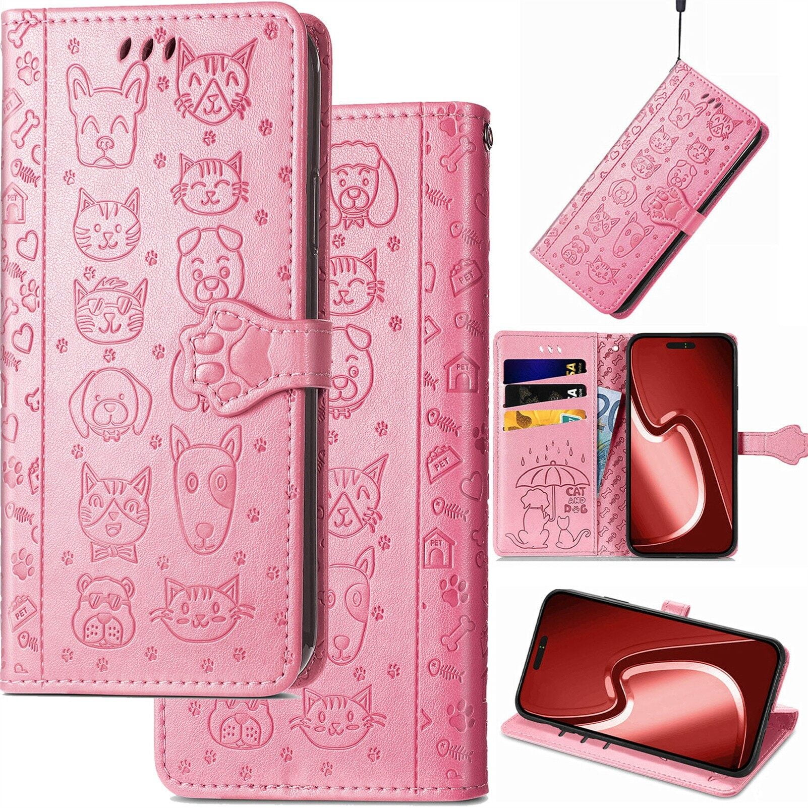 for Samsung Galaxy S25 Leather Case, Relief Cartoon Cat Dog Folio Flip ...