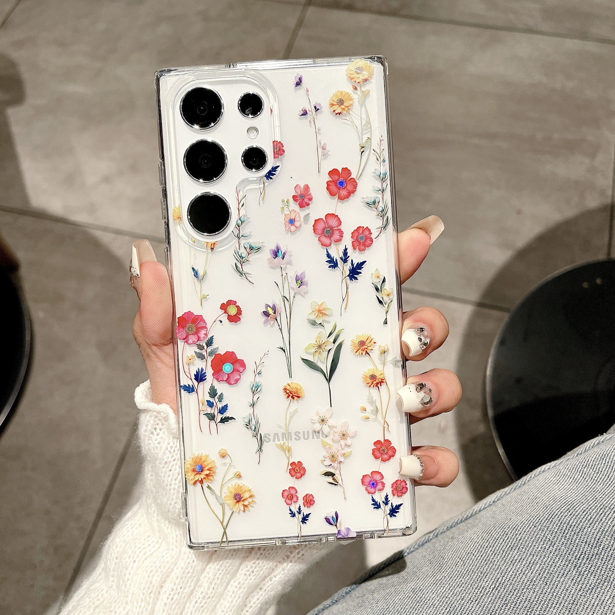 for Samsung Galaxy S25 Ultra Flower Case, Luxury Floral Pattern Clear Shockproof [Hard PC Back ...