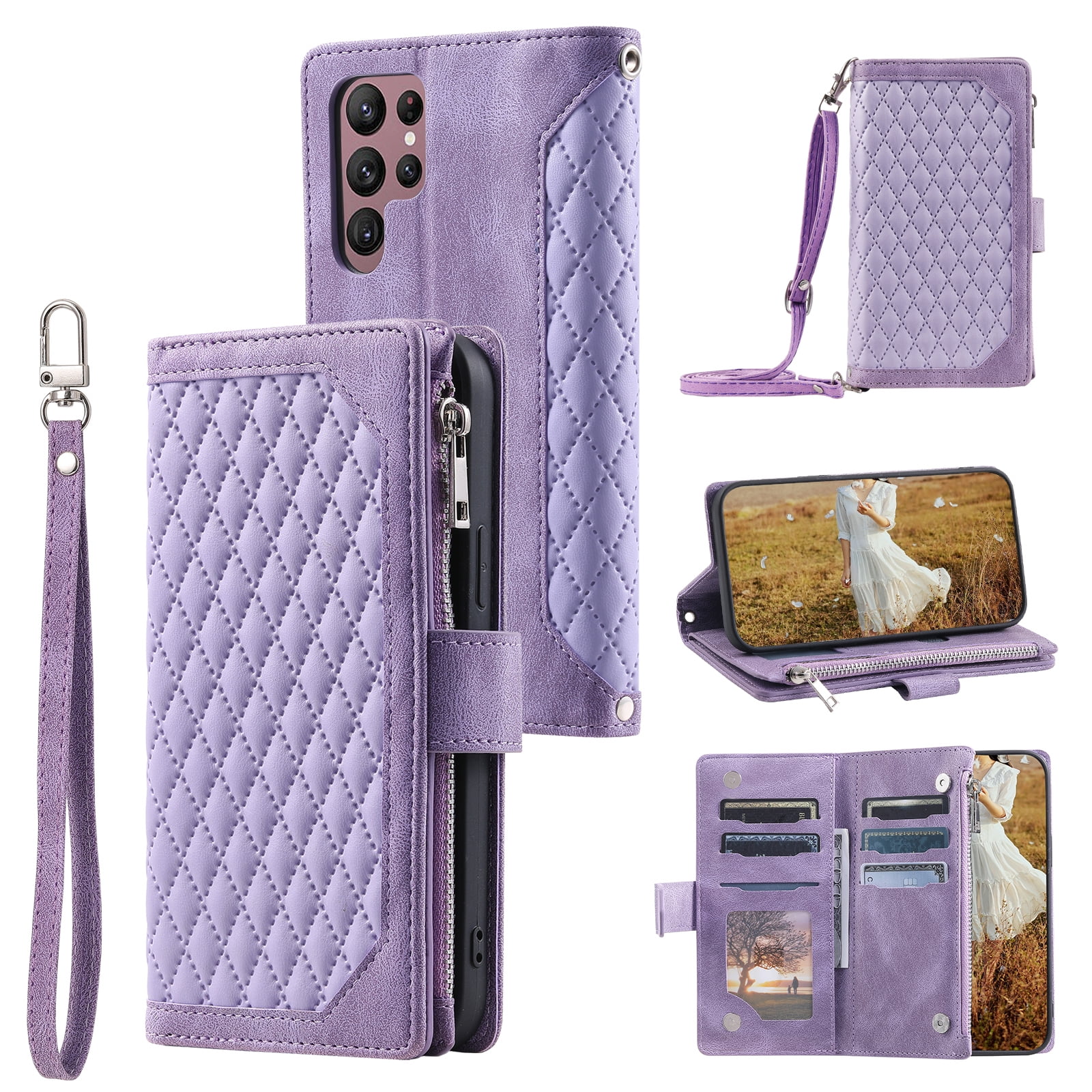 for Samsung Galaxy S25 Ultra PU Leather Crossbody Case Purse Zipper ...