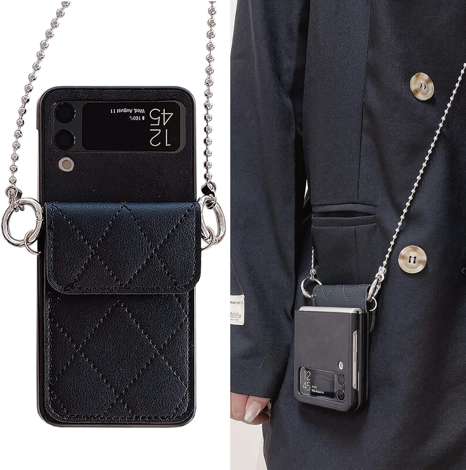 for Samsung Galaxy Z Flip 3 Wallet Case,Cute Luxury Leather Black Card ...