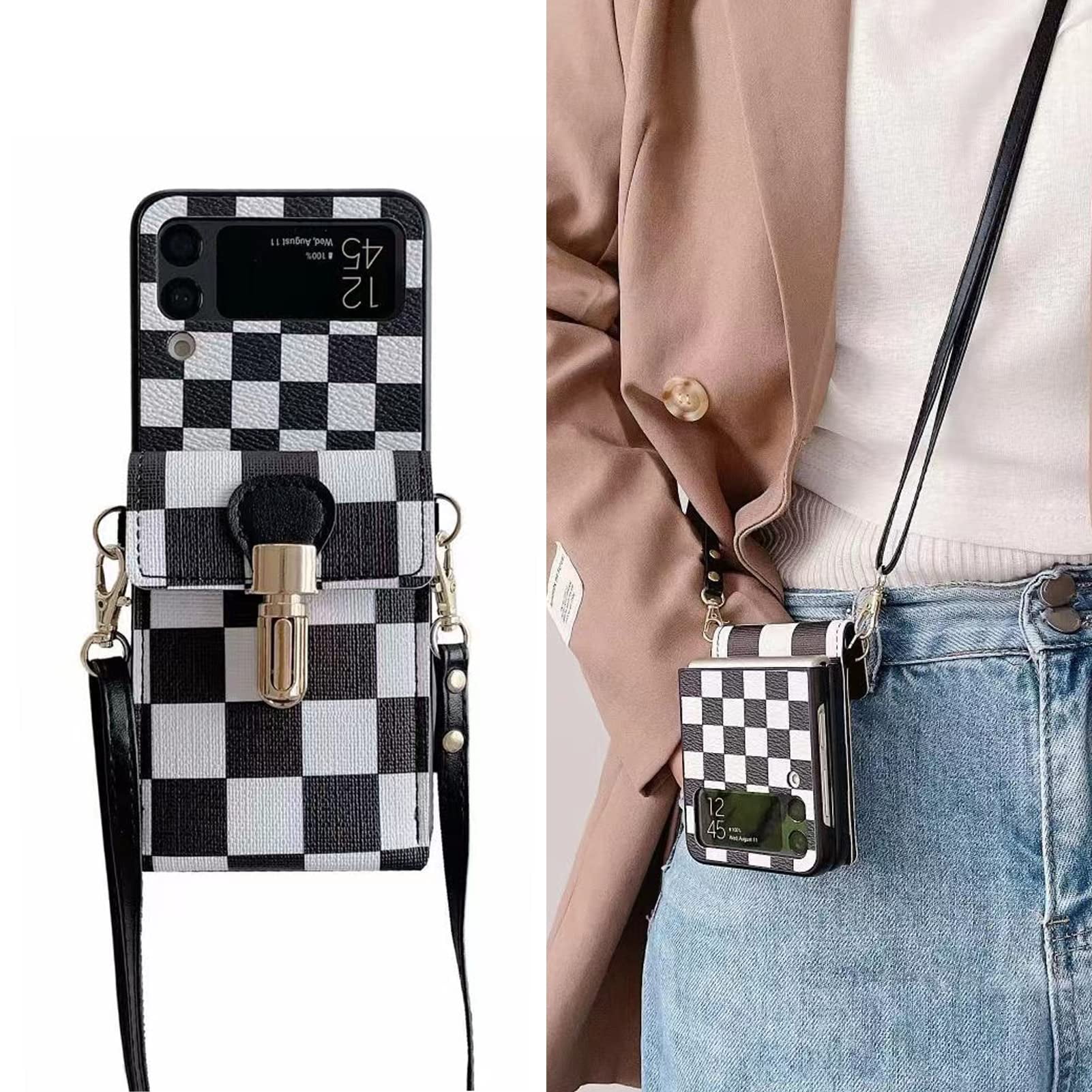 for Samsung Galaxy Z Flip 4 2022 Wallet Case,Cute Luxury Checkerboard ...