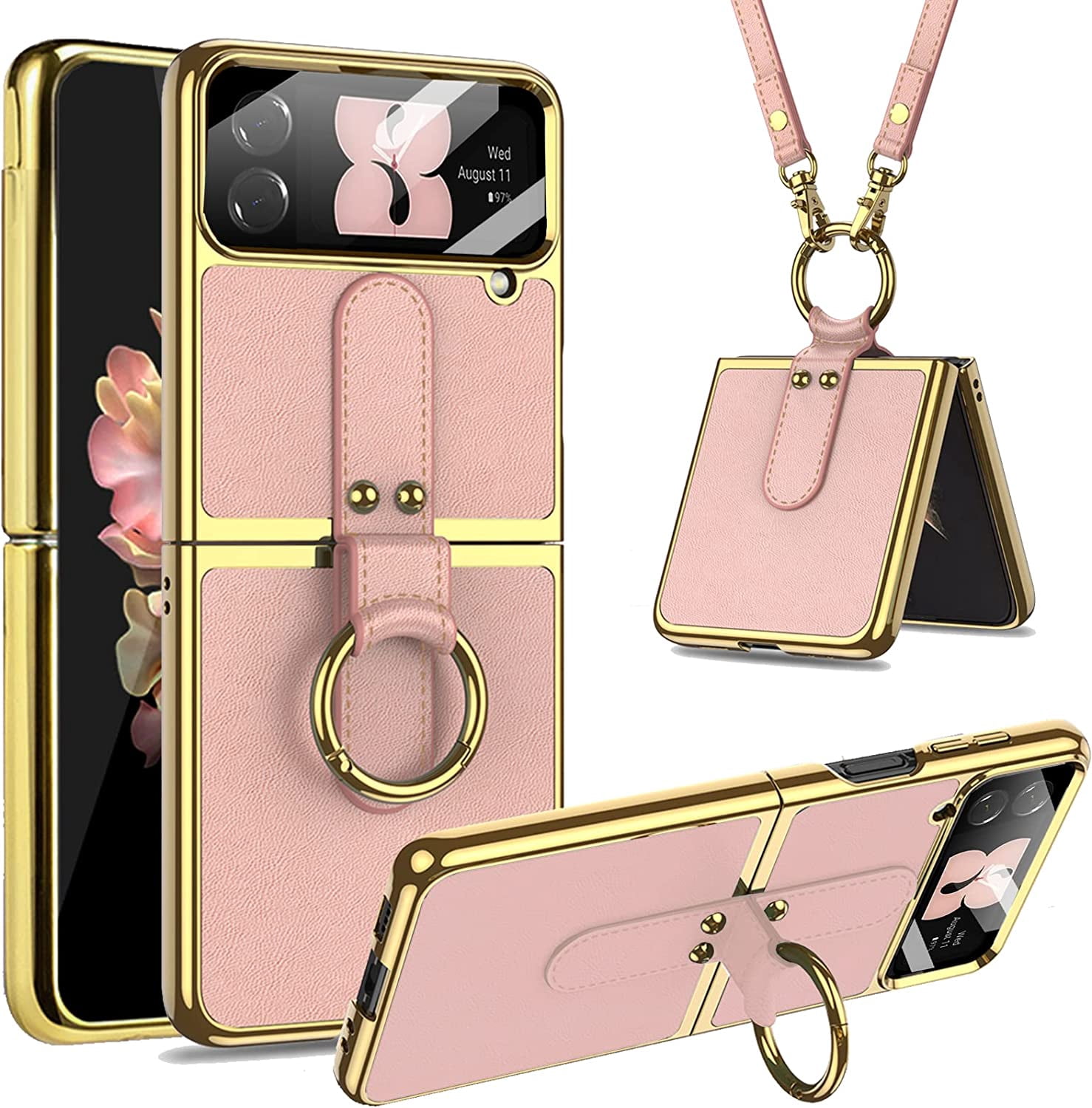 Samsung Galaxy Z Flip 4 Case with Strap Ring Holder, Luxury Leather ...