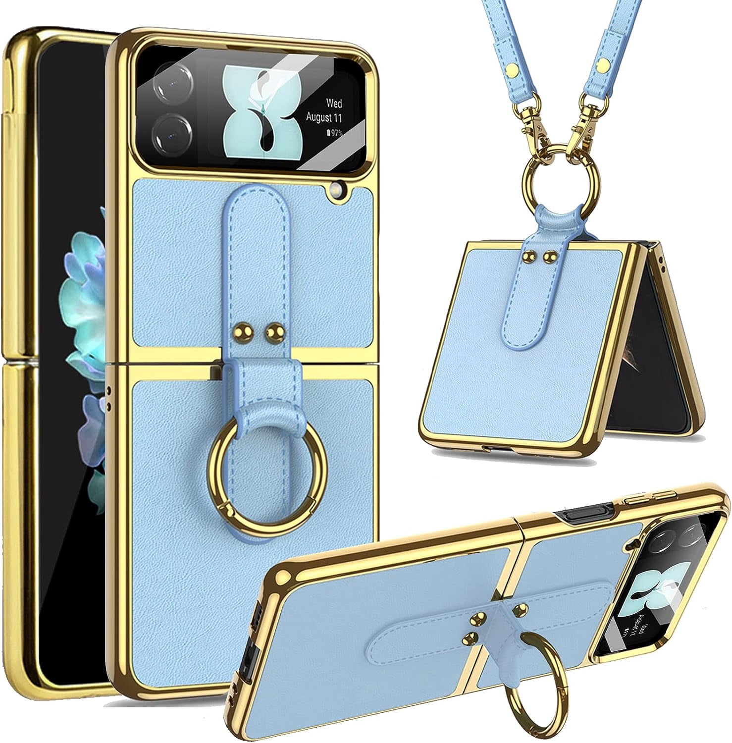 Samsung Galaxy Z Flip 4 Case with Strap Ring Holder, Luxury Leather ...
