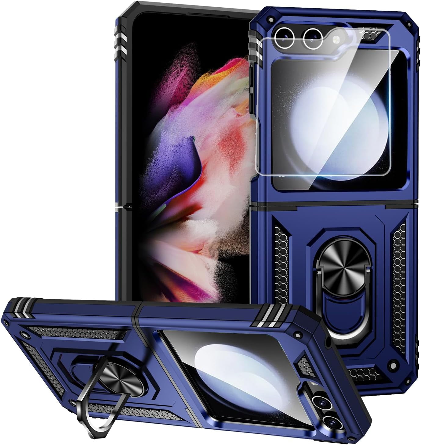 for Samsung Galaxy Z Flip 5 Case with Hinge Protection & Back Screen Protector and 360°Rotate ...