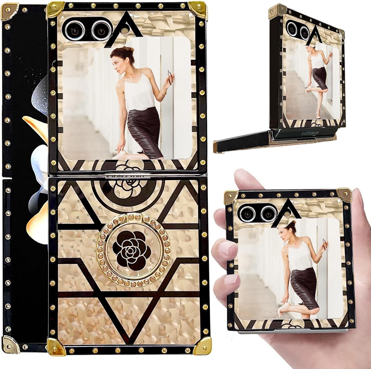 for Samsung Galaxy Z Flip 6 Case for Women, Rivet Metal Corner Design ...