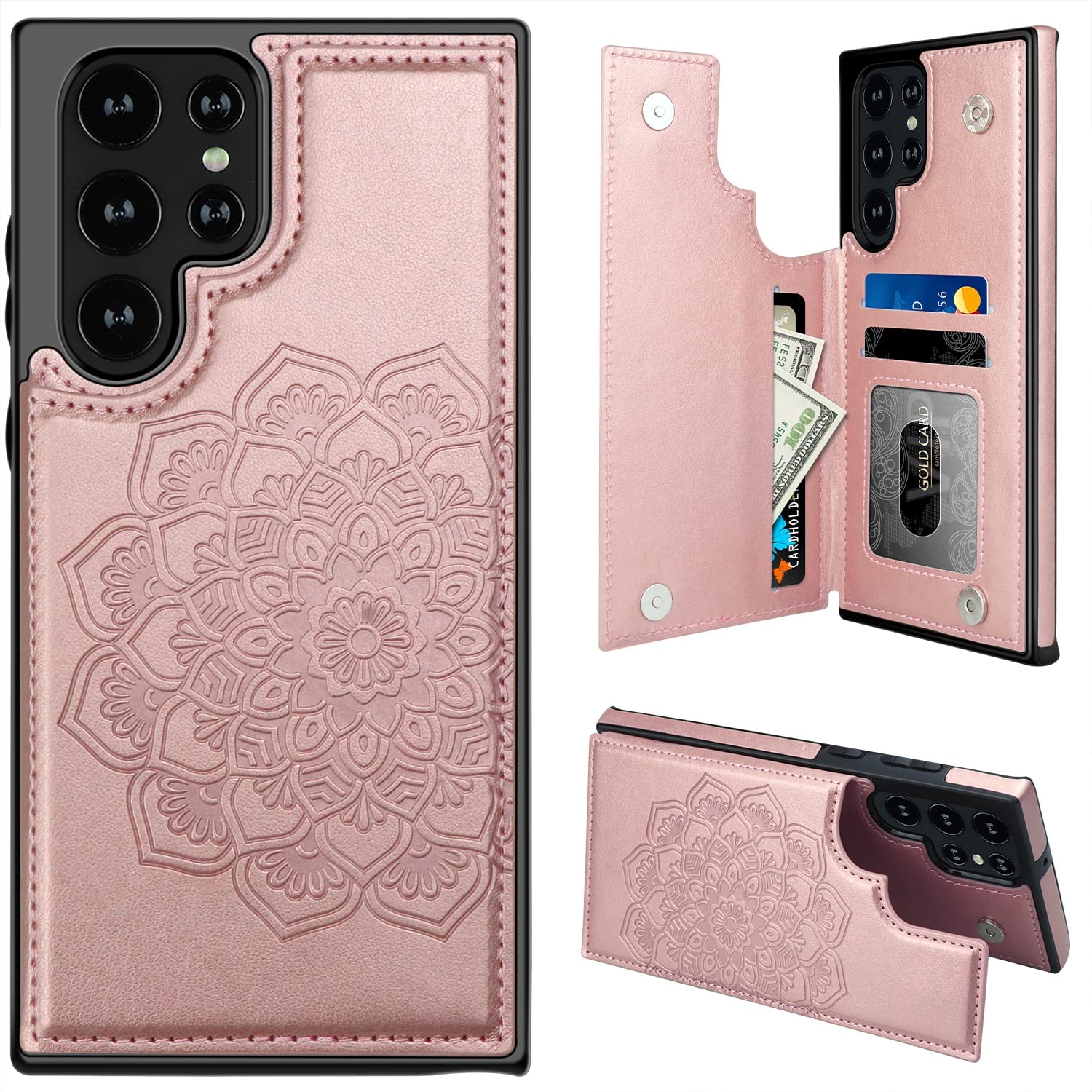 for Samsung S22 Ultra Case With Card Holder,Flower Magnetic Back Flip ...
