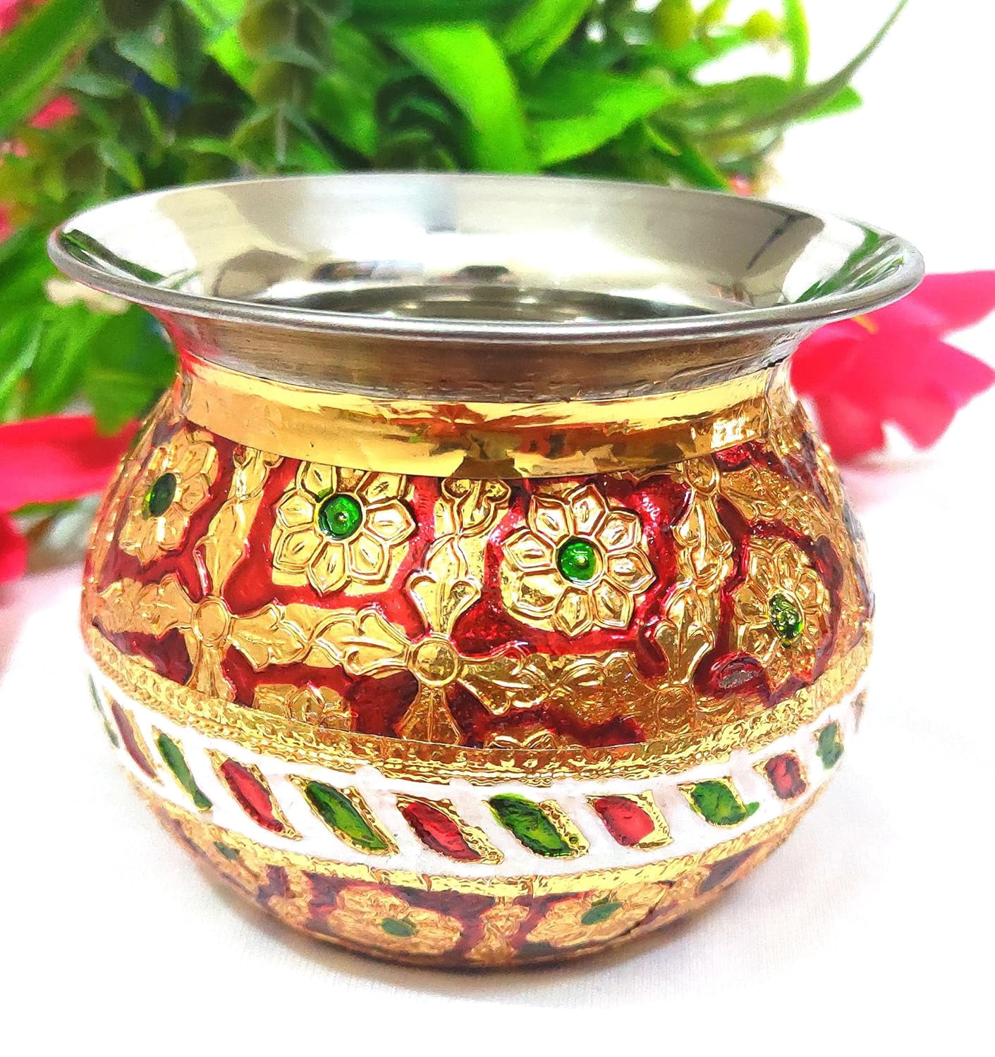 Samukkaras Hand Made Flower Designed Meena Work Stainless Steel Pooja ...