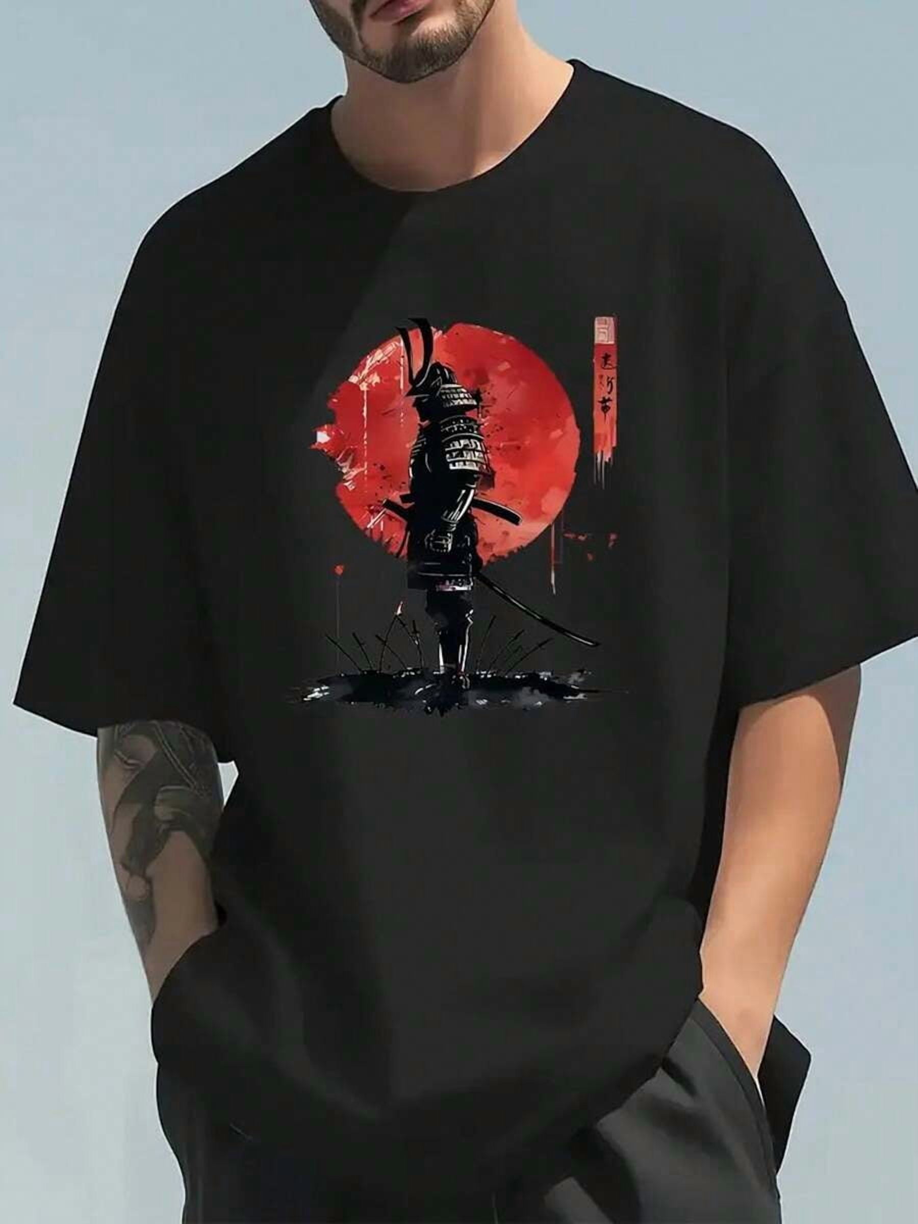 Samurai Art Tee: Watercolor - Like Warrior & Red Sun Design on White ...