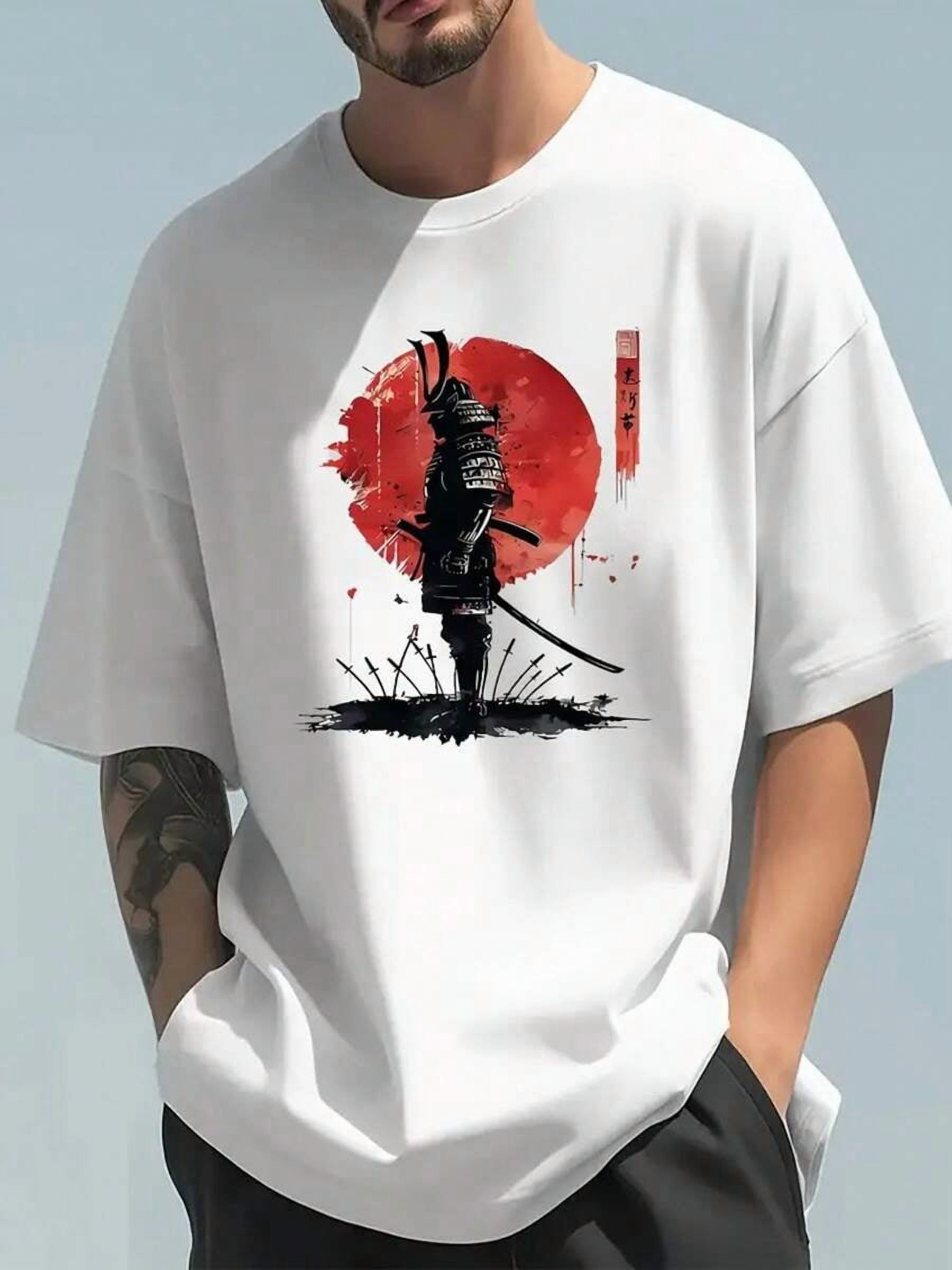 Samurai Art Tee: Watercolor - Like Warrior & Red Sun Design on White ...