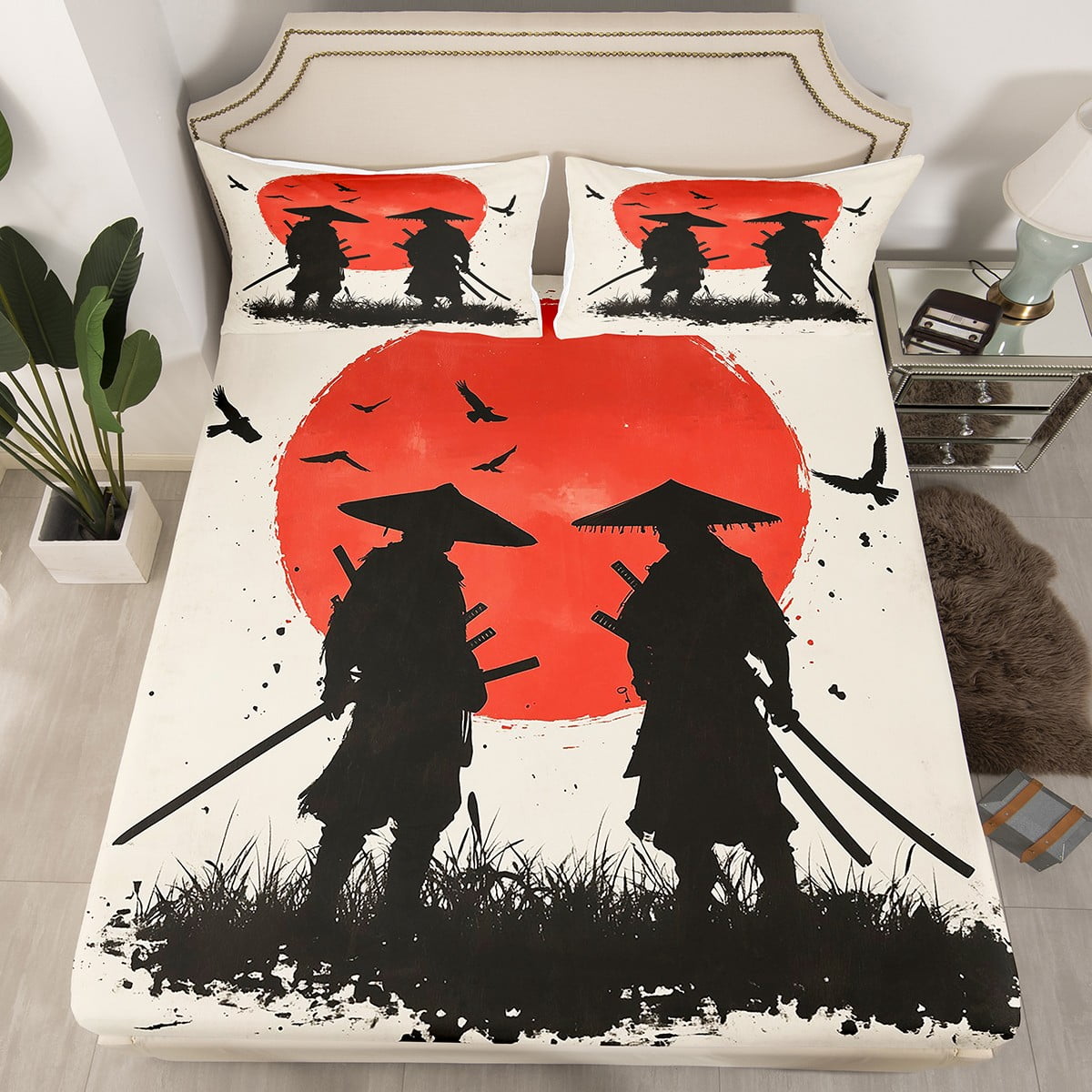 Samurai Bed Sheets Japanese Style Bedding Set Sunset Painting Queen ...