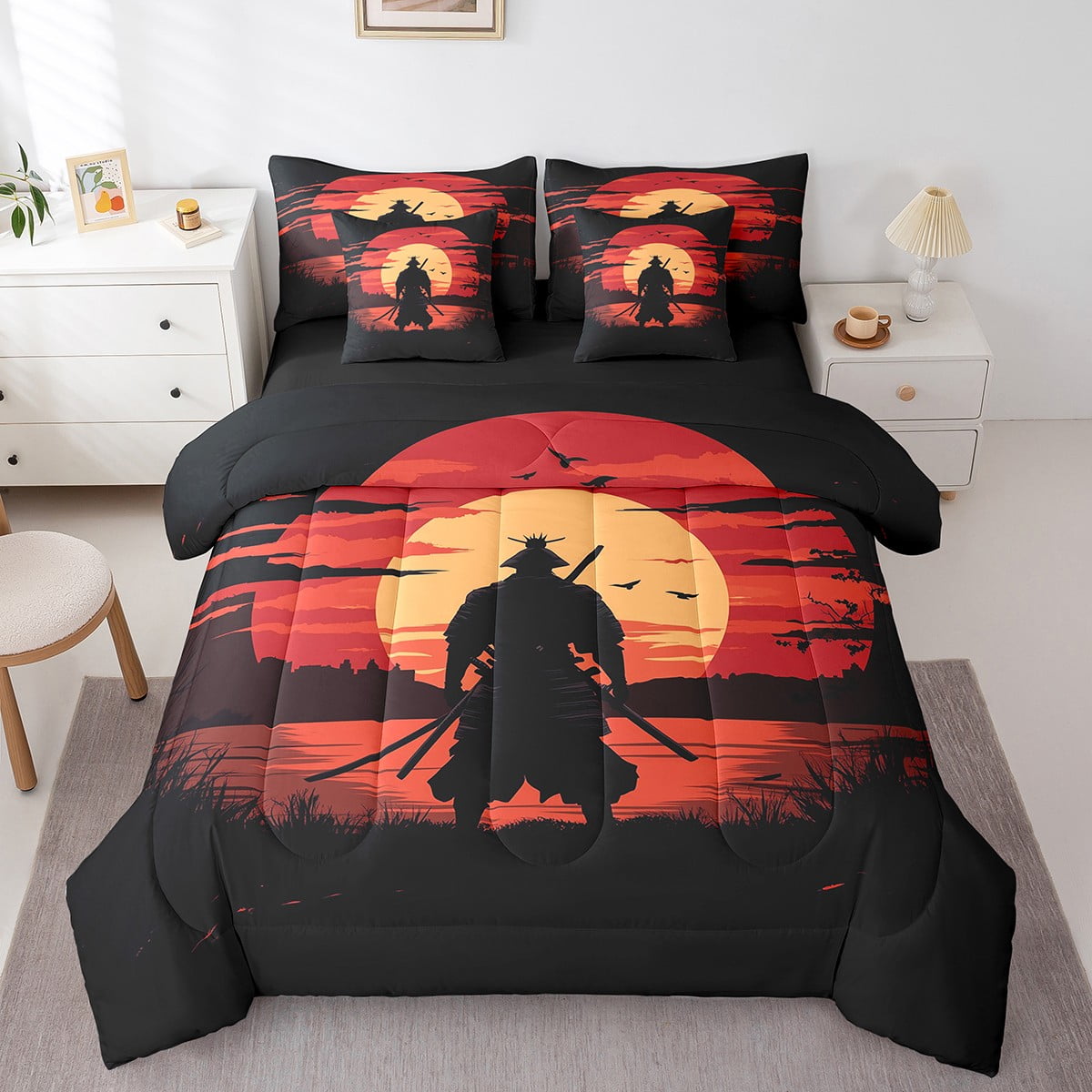 Samurai Bedding Set Japanese Ukiyo Style Queen Comforter Set 7-Piece ...