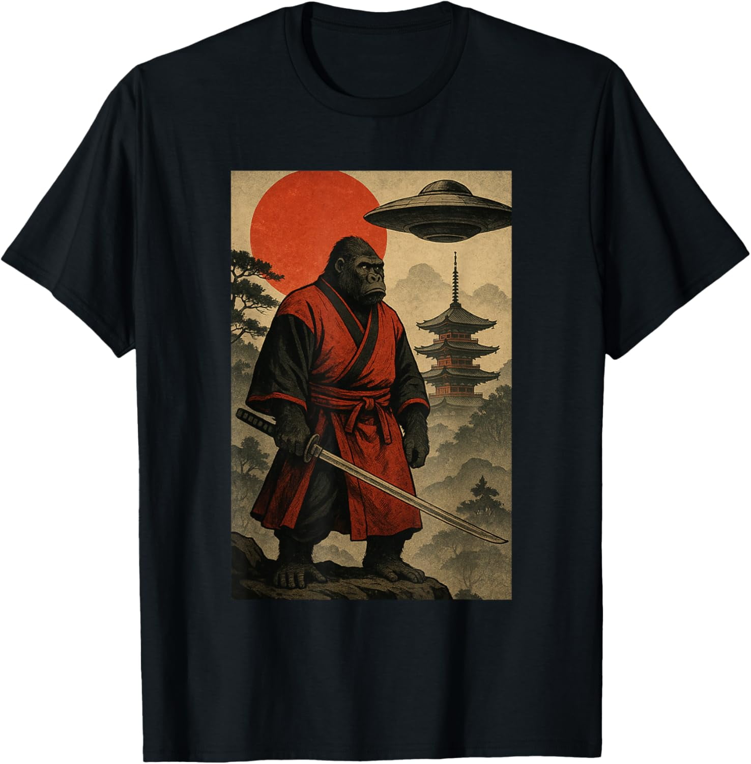 Samurai Bigfoot Riding UFO Vintage Ukiyo-e Graphic T-Shirt - Walmart.com