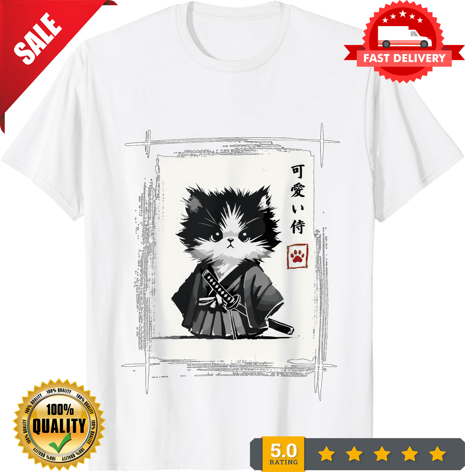 Samurai Cat Japanese Art Sumi-e Novelty Kawaii Funny Cat T-Shirt, Size ...
