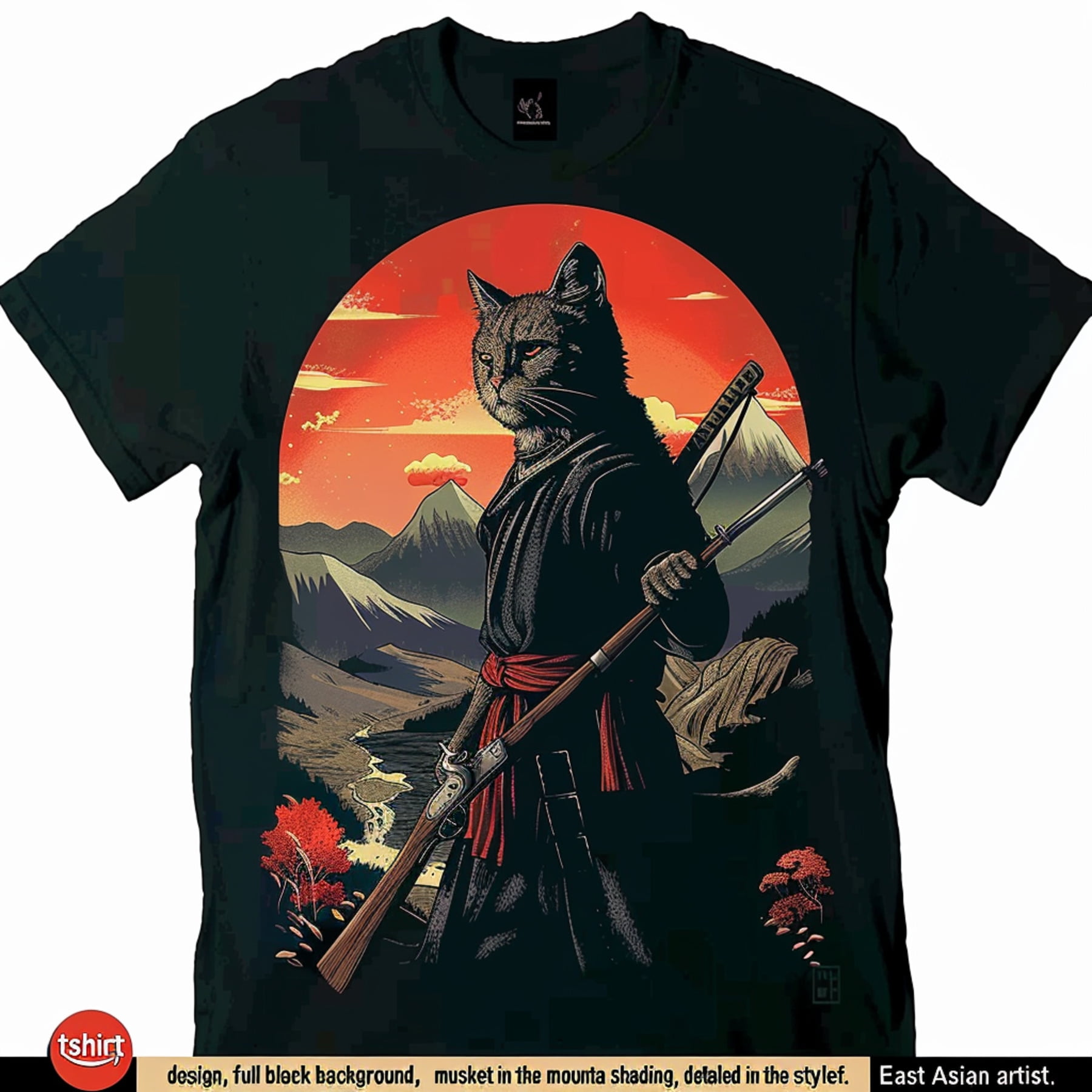 Samurai Cat Sunset Mountain TShirt Featuring a majestic cat samurai ...