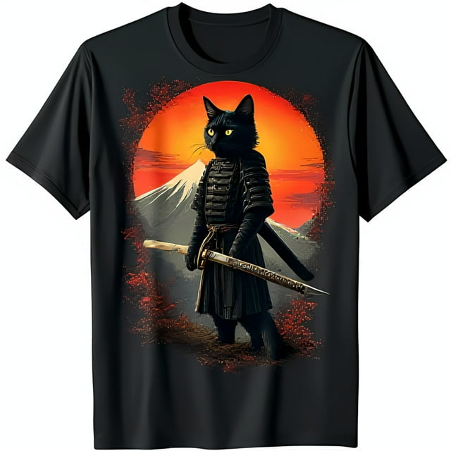 Samurai Cat T-Shirt Fierce Black Cat with Katana in Front of at Sunset ...
