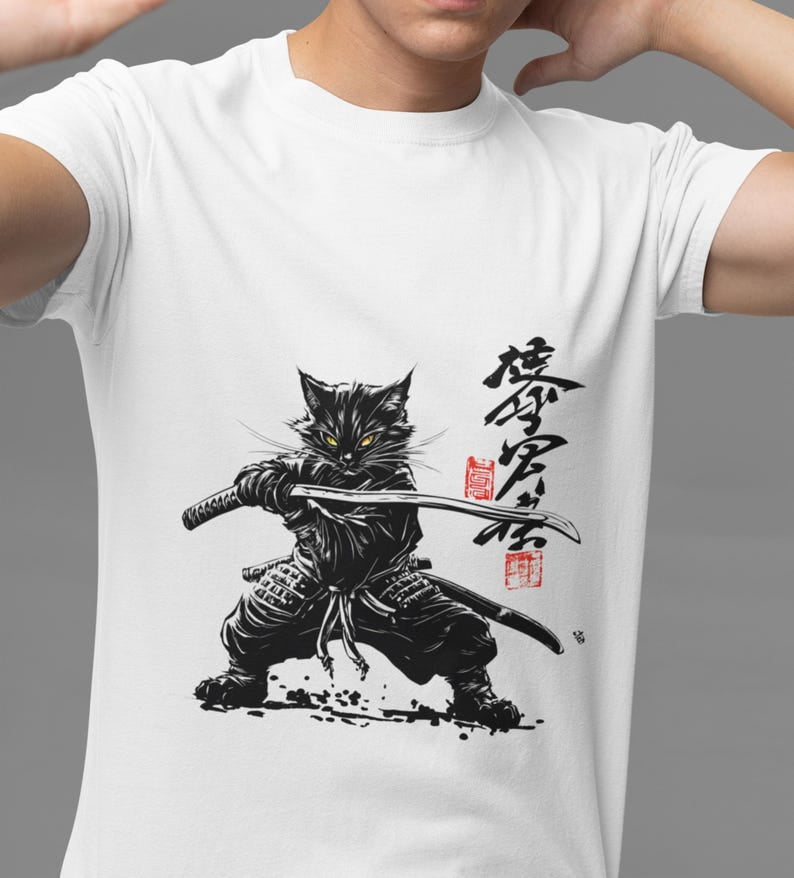 Samurai Cat T-Shirt, Kanji Writing Unisex Tee, Bold Japanese Tee Shirt ...