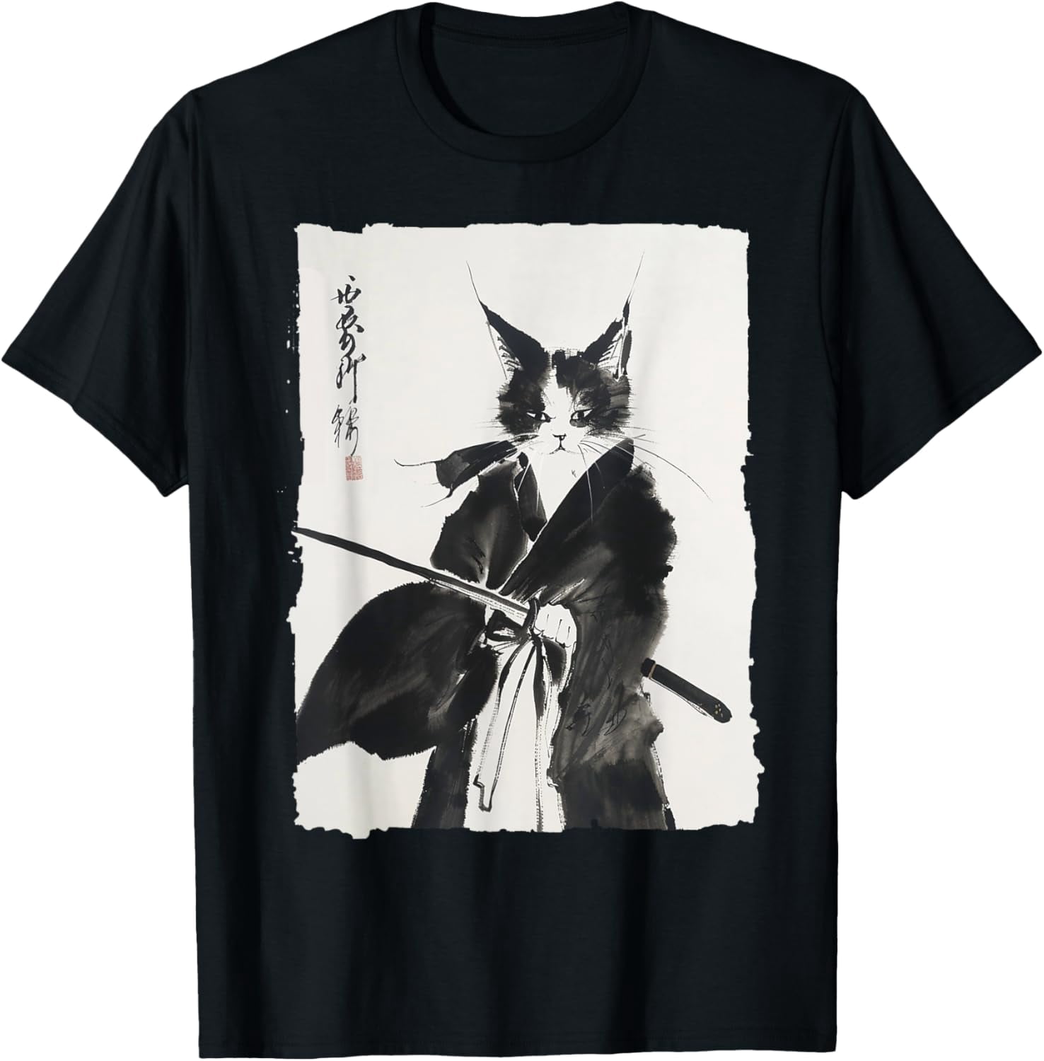 Samurai Cat Vintage Ukiyo-e Warrior Art Graphic Cat Art T-Shirt Tops ...
