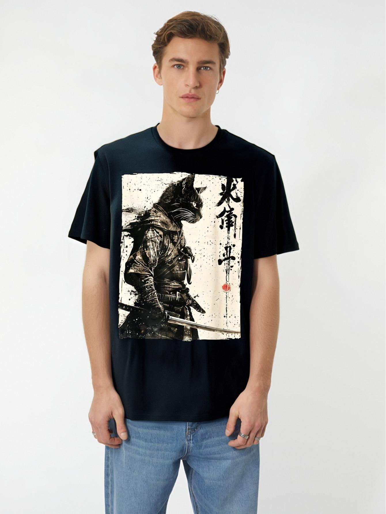 Samurai Cat Warrior Graphic T-Shirt - Black Cotton for Men with Ukiyo ...