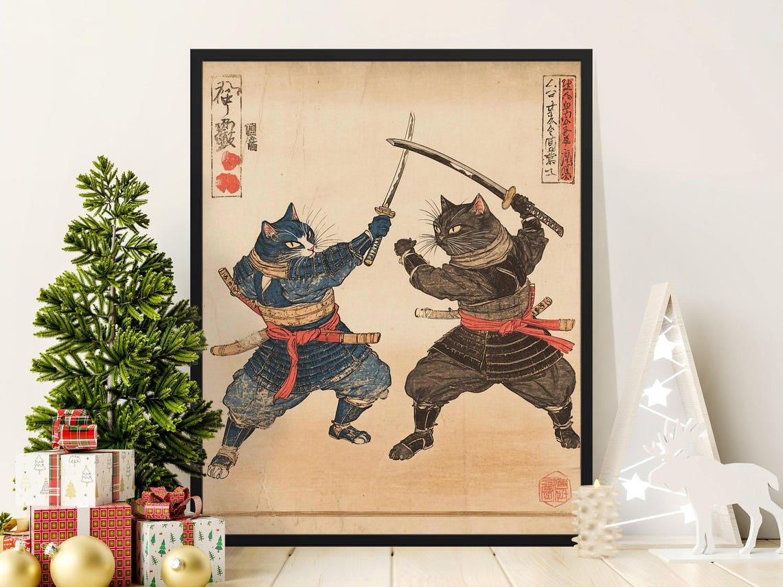 Samurai Cats Poster, Japanese Art, Cat Warrior Print, Feline Swordsmen ...