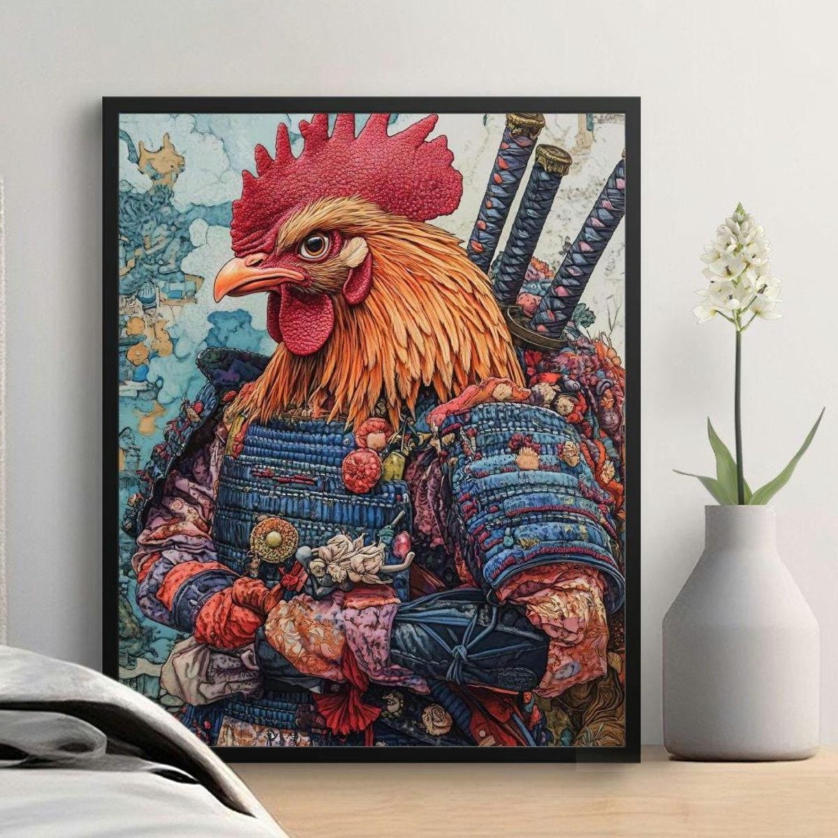Samurai Chicken Art Print, Unique Rooster Illustration, Vibrant Wall ...