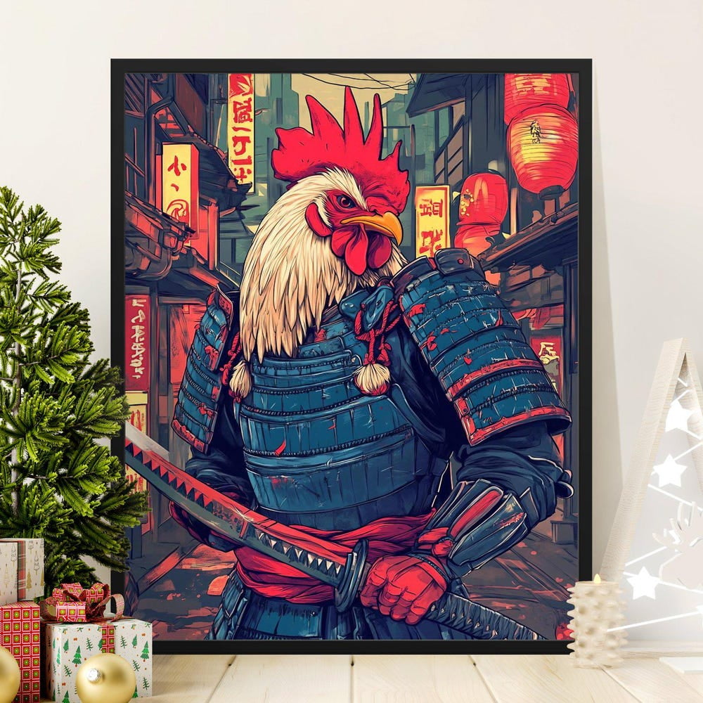Samurai Chicken Poster, Samurai Rooster Wall Art, Japanese Art Print ...