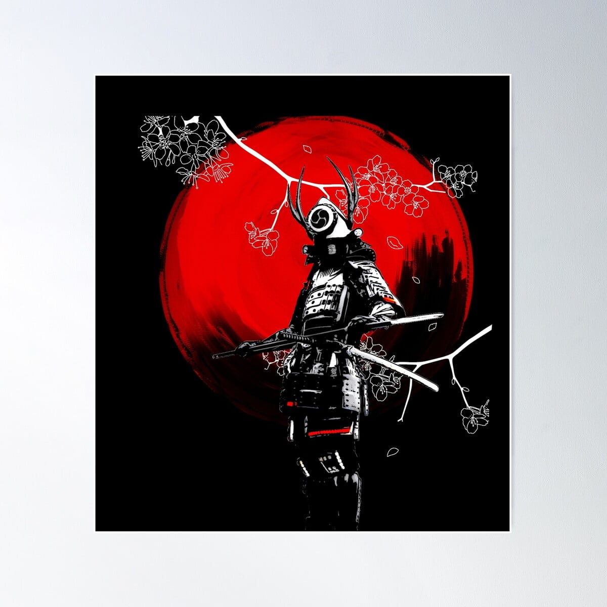 Samurai In Rising Sun, Traditional Samurai In Sakura Wind Poster Wall ...