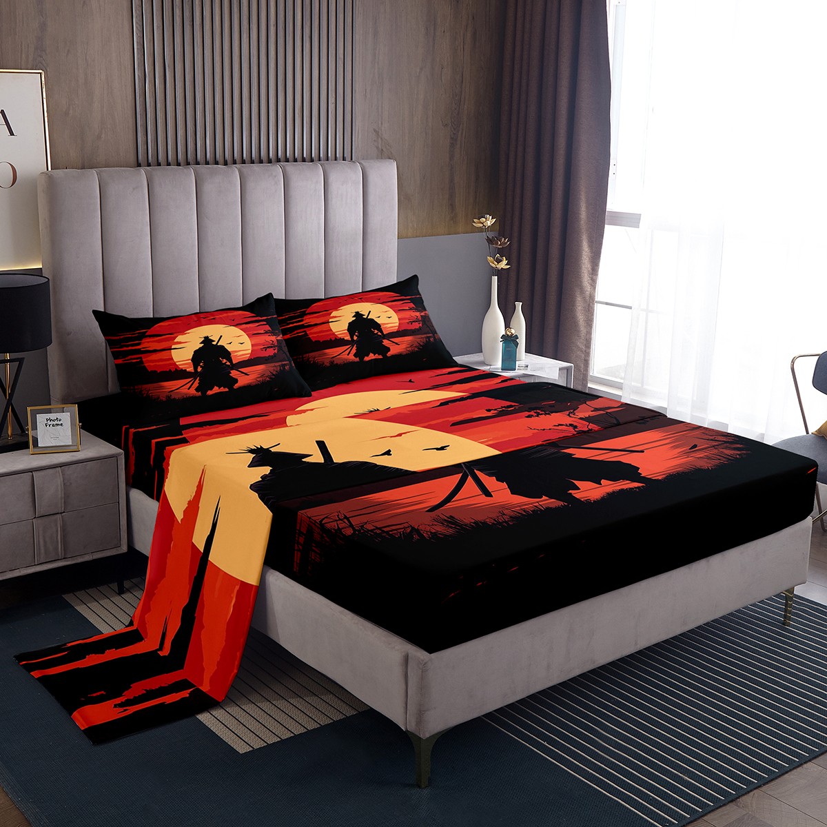 Samurai King Sheet Set Japanese Ukiyo Style Bed Sheets Set Red Sun ...