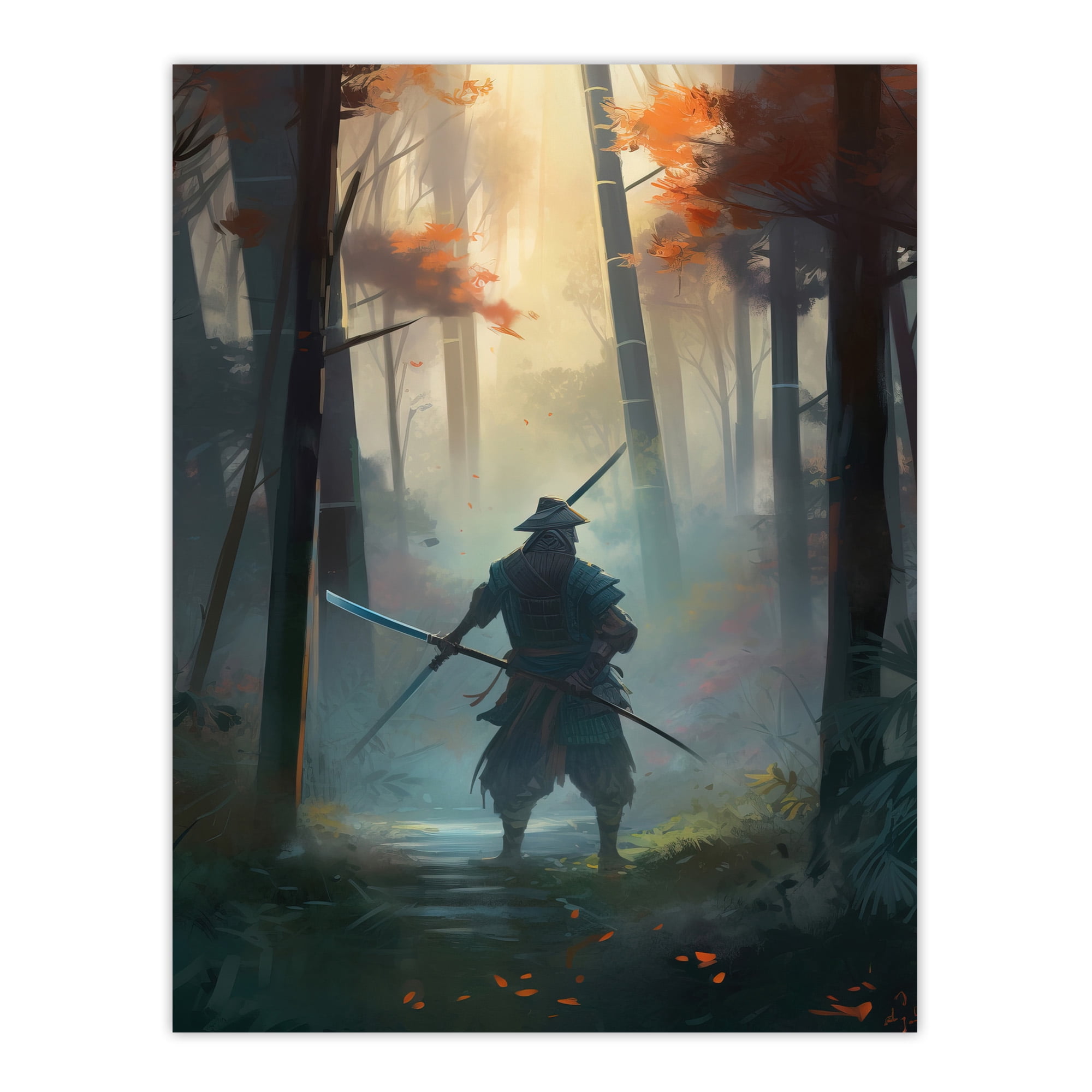 Samurai Master Practicing Martial Arts Concept Painting Orange Green ...