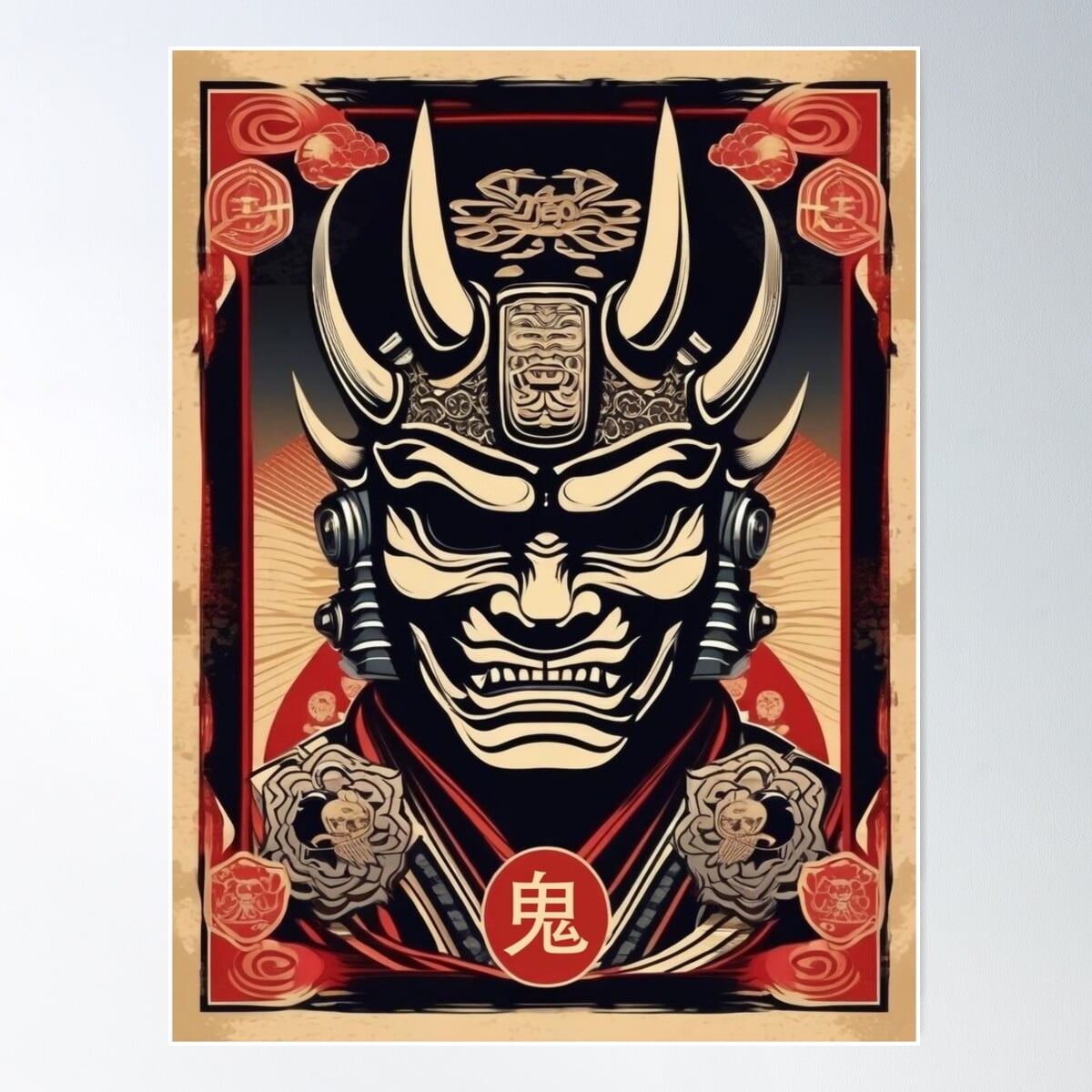 Samurai Oni Mask Kanji Japanese Art Poster Wall Art, Modern Wall Decor ...
