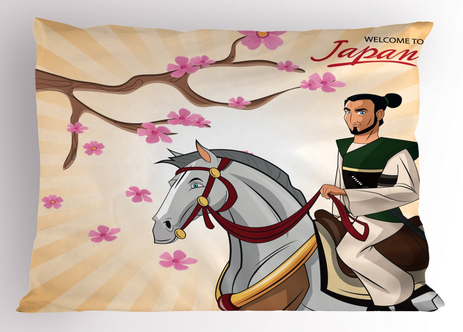 Samurai Pillow Sham Traditional Medieval Clothing Wearing Man on a ...