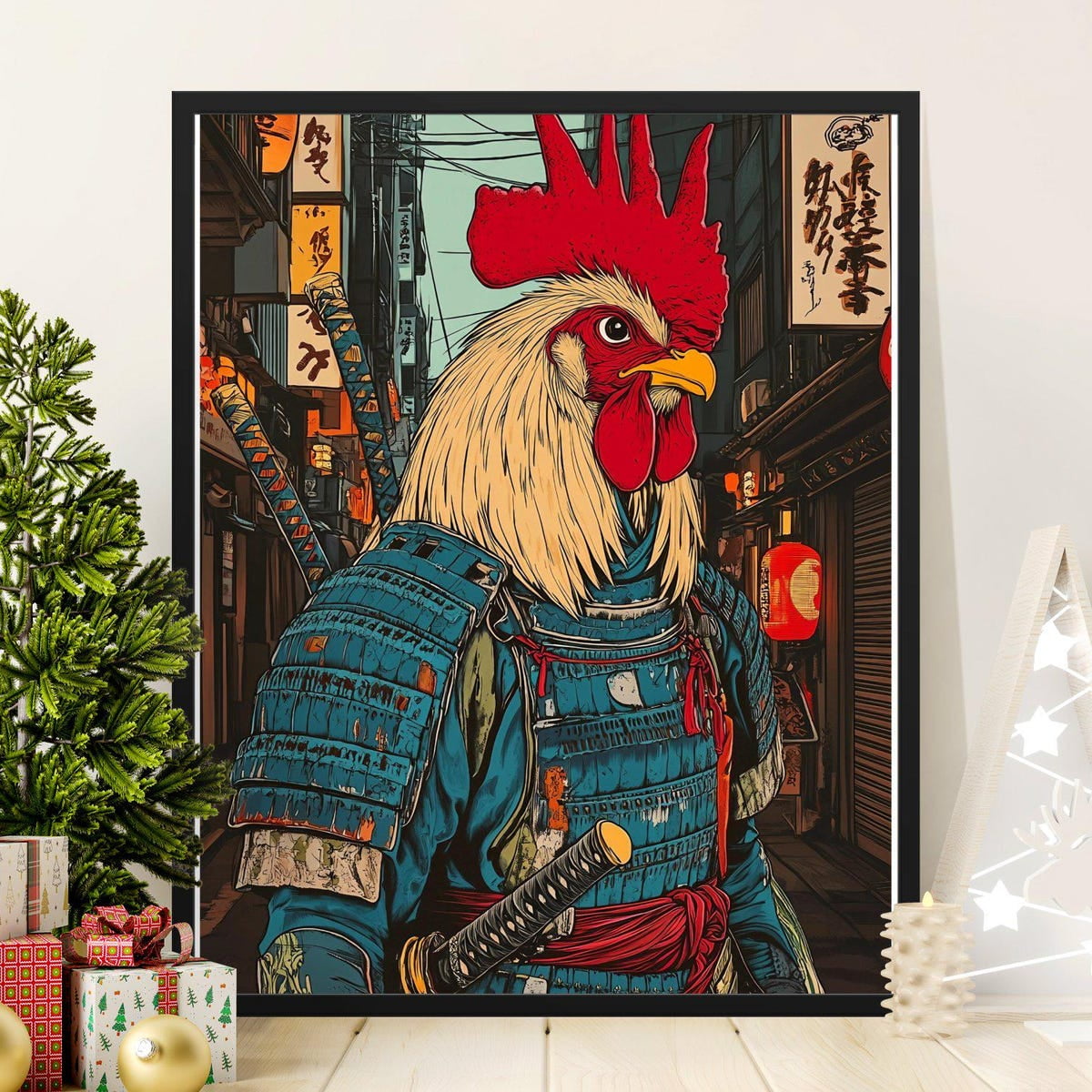 Samurai Rooster Poster, Asian Samurai Art Print, Unique Rooster Samurai ...