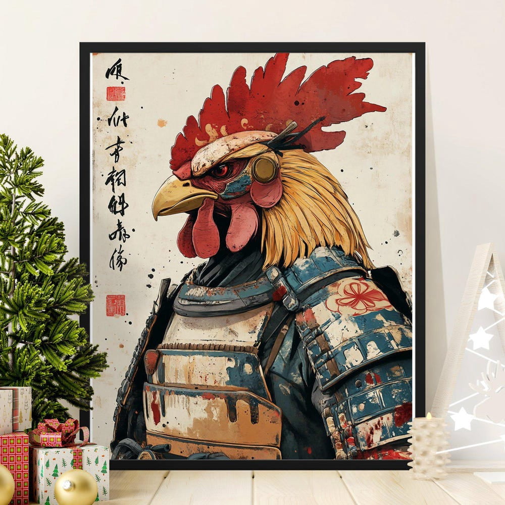 Samurai Rooster Poster, Japanese Art Print, Unique Wall Decor, Animal ...
