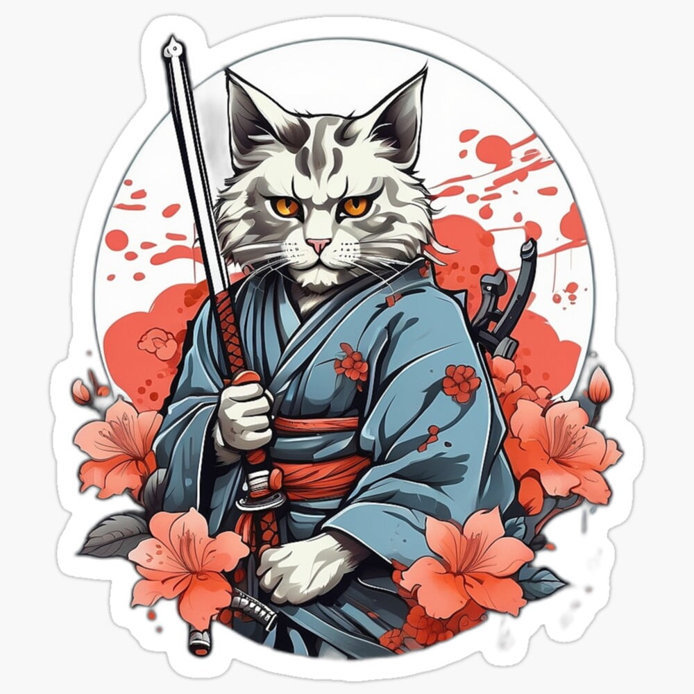 Samurai Warrior Kawaii Cat Sticker Phone Decal Water Bottle Stickers ...